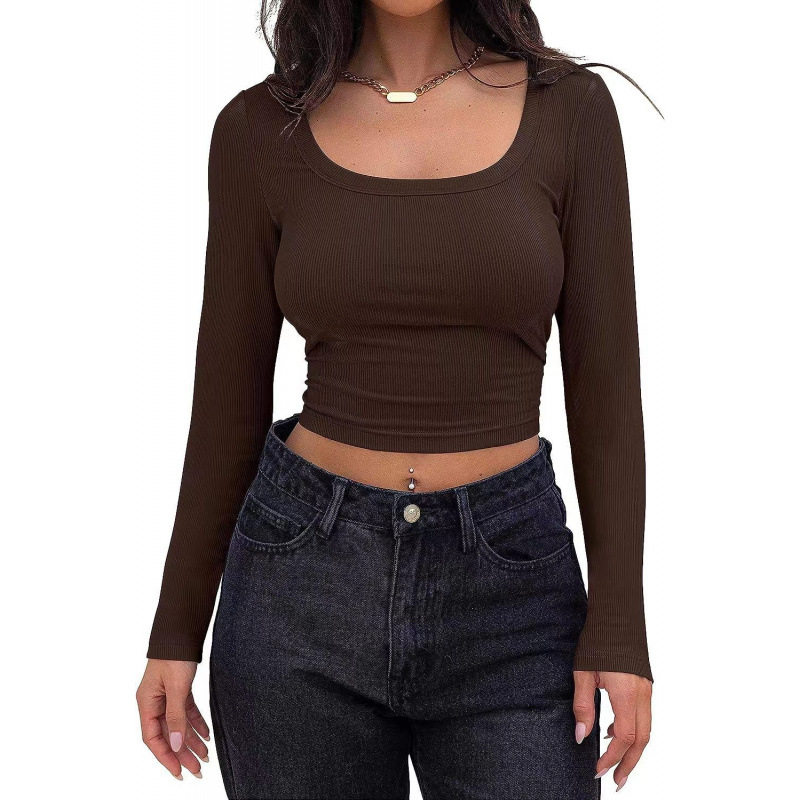 方领长袖修身上衣女Square neck long sleevedslimfittopforwomen