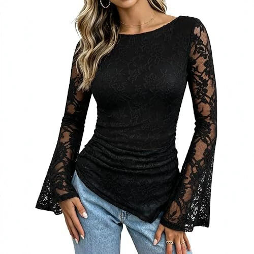 蕾丝长袖不对称上衣女Women's lace long-sleevedasymmetricaltop
