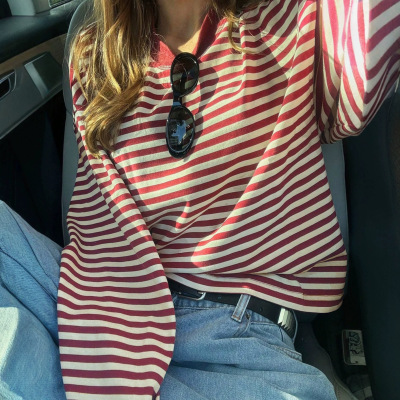 Round neck striped casual long sleeved shirt圆领条纹休闲长袖