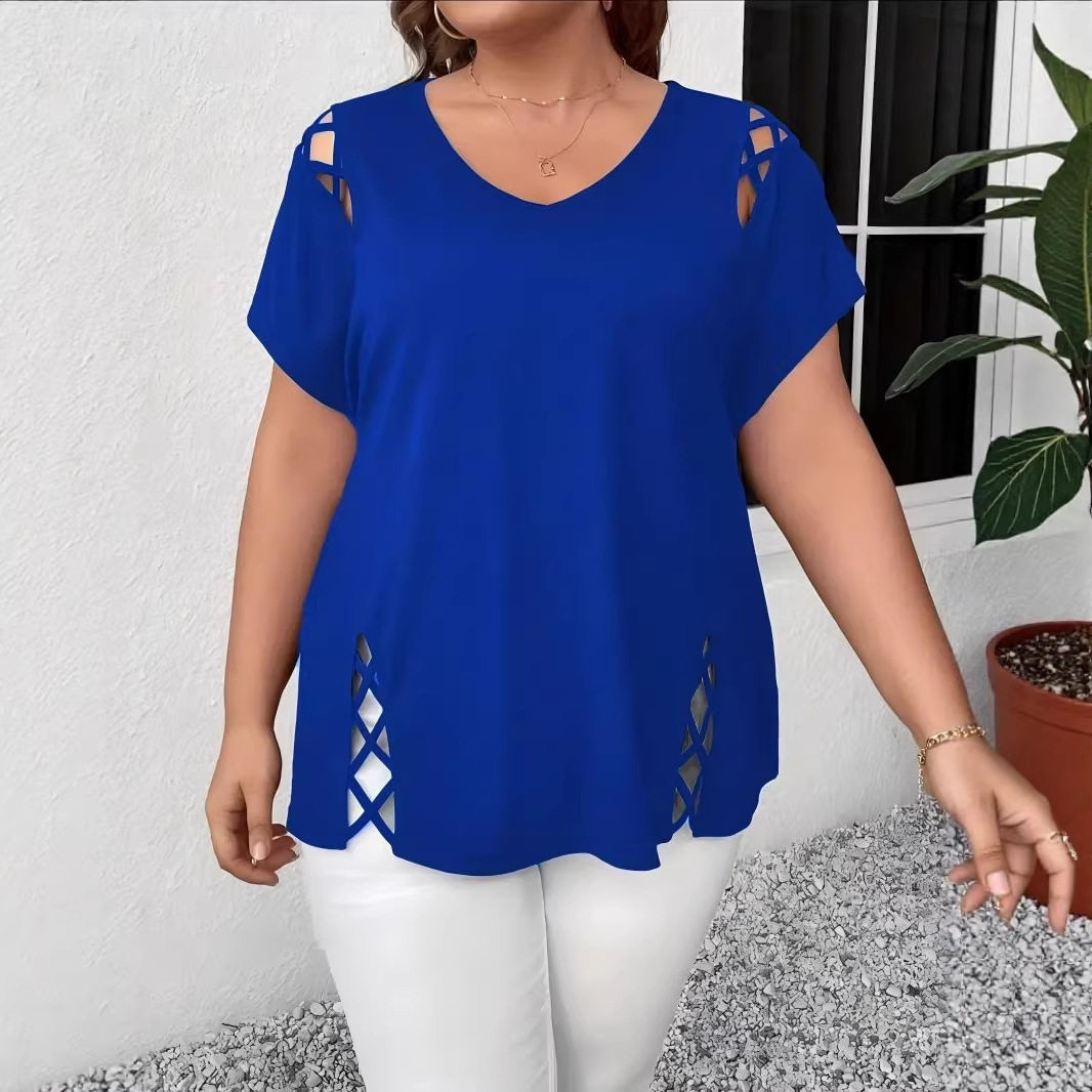 V领大码交叉镂空上衣女V-neck plus size crosshollowtopforwomen