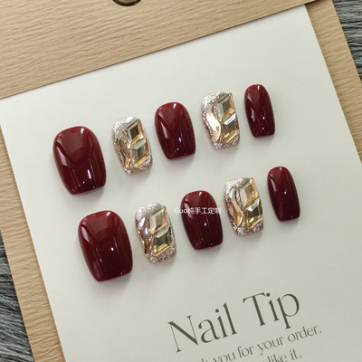 Guo穿戴甲秋冬酒红显白纯手工成品温柔高级感气质可拆卸短款美甲