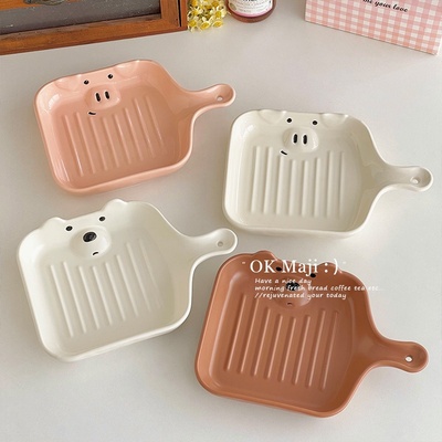 2026新款卡通可爱手柄盘子家用陶瓷精致小吃盘漂亮精致水果早餐盘