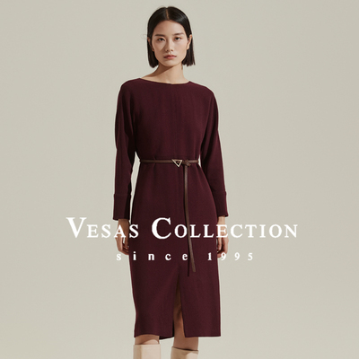 Vesas Collection波特酒红色双面呢连衣裙D1393