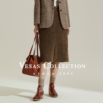 Vesas Collection知性工装条绒面料半身裙S0756