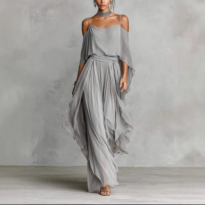 露肩上衣不对称长裤套装Off shoulder top asymmetrical pantsset