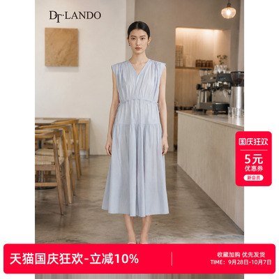 DTLANDO/商场同款夏季新款时尚休闲法式V领无袖收腰显瘦连衣裙