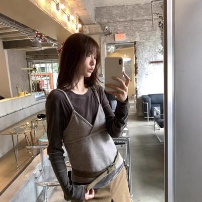 MZI STUDIO 早春韩系叠穿坑条吊带背心+软糯长袖打底衫套装157137