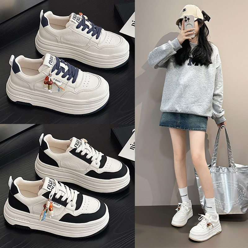 真皮爆款串珠丑萌洋气小白鞋女2026夏季新款超轻厚底运动休闲板鞋