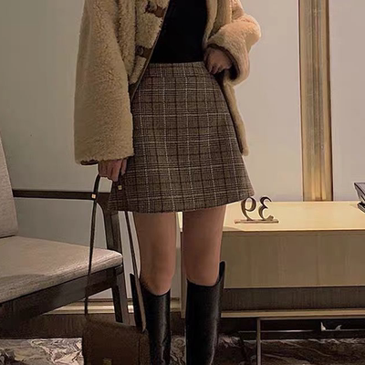 格子半身裙女高腰显瘦
