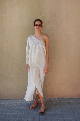 度假风H型亚麻纯色单肩连衣裙