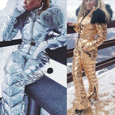 New Shiny Silver Gold One-Piece Ski Suit Women Winter Windpr
