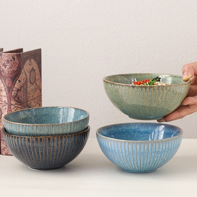 二郎家【少有的窑变釉】创意条纹碗釉下彩陶瓷家用面碗沙拉碗微瑕