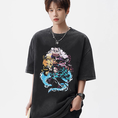 Demon Slayer鬼灭之刃水洗做旧复古宽松纯棉T恤男女t-shirt短袖衫