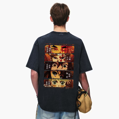 水洗复古动漫鬼灭之刃赤鸢蝶眼图案印花T恤卡通漫画男女纯棉T恤衫