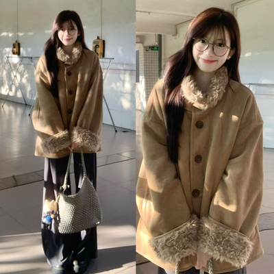 卡其色羊羔毛摇粒绒外套女秋冬季2025新款复古慵懒风加绒加厚开衫