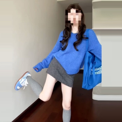 蓝色针织毛衣套装裙子女2025新款巨好看早秋季韩系穿搭一整套ootd