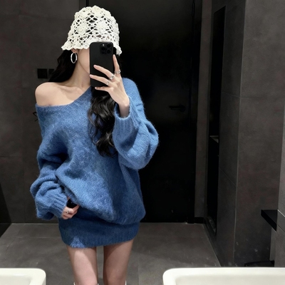 韩系巨好看一整套深冬穿搭冬装宽松慵懒风蓝色毛衣包臀裙两件套装