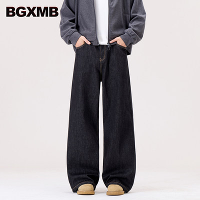 BGXMB 新款原牛黑复古怀旧宽松直筒裤男老钱风阔腿牛仔长裤子