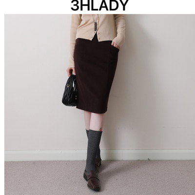 3HLADY | OFFICE美式SIREN风 复古咖羊毛半身裙汲膝铅笔裙