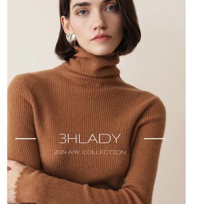 3HLADY JI简 双股编织 曲牙边设计修身罗纹弹力山阿拉善羊绒衫