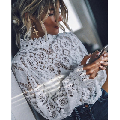 Sexy lace blouse white fashion full sleeve blusa feminina la