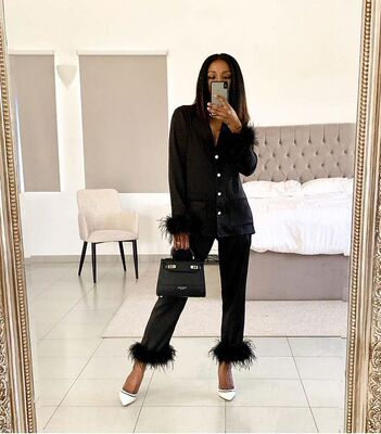 Two Piece Chic Feather Detail Lounge Suits Long Sleeve Butto