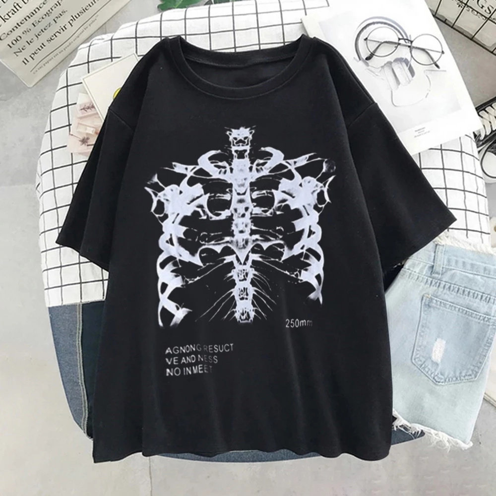 Oversized T-shirt Women Female T-shirt Dark Skull Bones Hear