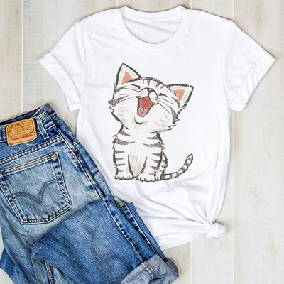 Women Lady Sloth Summer Cat Kitten Cute Cartoon Ladies T Tee