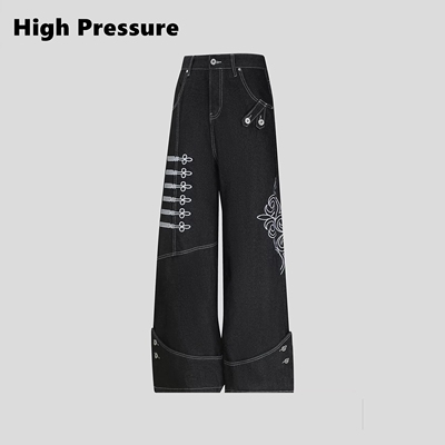 High Pressure美式复古不规则拼接绣花牛仔裤街头宽松阔腿长裤