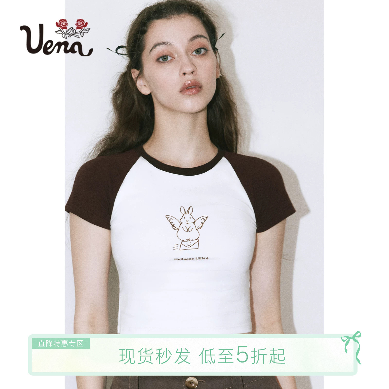 【格林贝尔】Uena美式复古撞色插肩袖兔子印花短款圆领短袖T恤女
