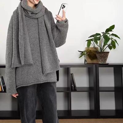 jaja超轻盈羊毛蓬松绒感粗棒上衣围巾围脖三件套深秋初冬针织衫女