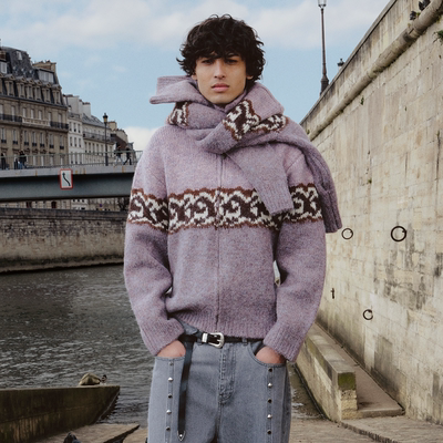 GOODBAI 916 logo提花撞色花纹翻领拉链毛织外套