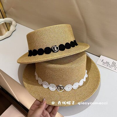 TBY爱心字母平顶帽子女韩版潮流编织草帽遮阳帽网红ins出游太阳帽