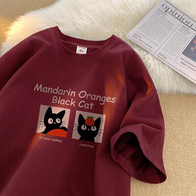 纯棉240g美式卡通小黑猫印花t恤男生可爱五分袖t恤青少年夏季新款