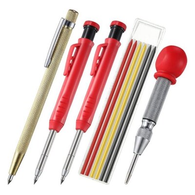 Carpenter Pencils Set for Construction Positioned on Wood Pl