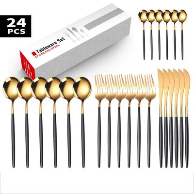 24pcs Gold Dinnerware Set Mirror Stainless Steel Full Tablew