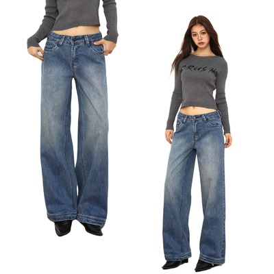 复古蓝做旧水洗牛仔裤女