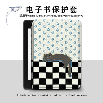 电子书保护套适用kindle阅读器paperwhite格子猫咪scribe卡通kpw4拼接5/6寸oasis3/2第11代958/voyage1499壳
