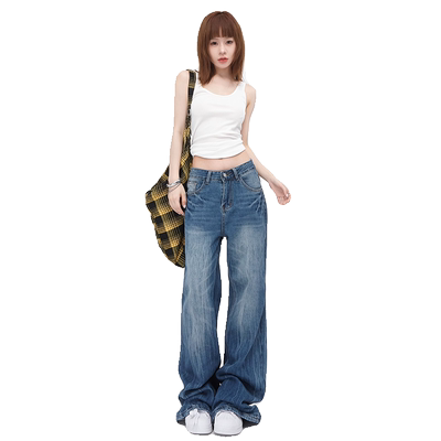 KRO美式复古闪电爆裂纹蓝色牛仔裤2024新款百搭直筒微辣裤长裤