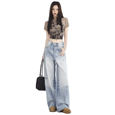 KRO阔腿牛仔裤破败风街头高腰