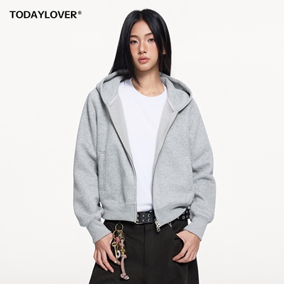 TODAYLOVER纯色双拉链连帽卫衣女