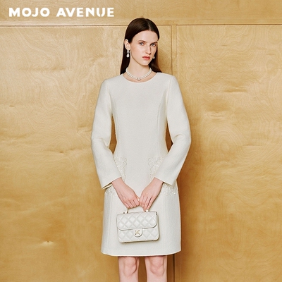 朗姿/MOJO AVENUE莫佐2026春新品简约蕾丝花纹白色收腰连衣裙女通