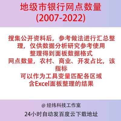 地级市银行网点数量2022-2007 Stata面板数据整理Excel 工具变量