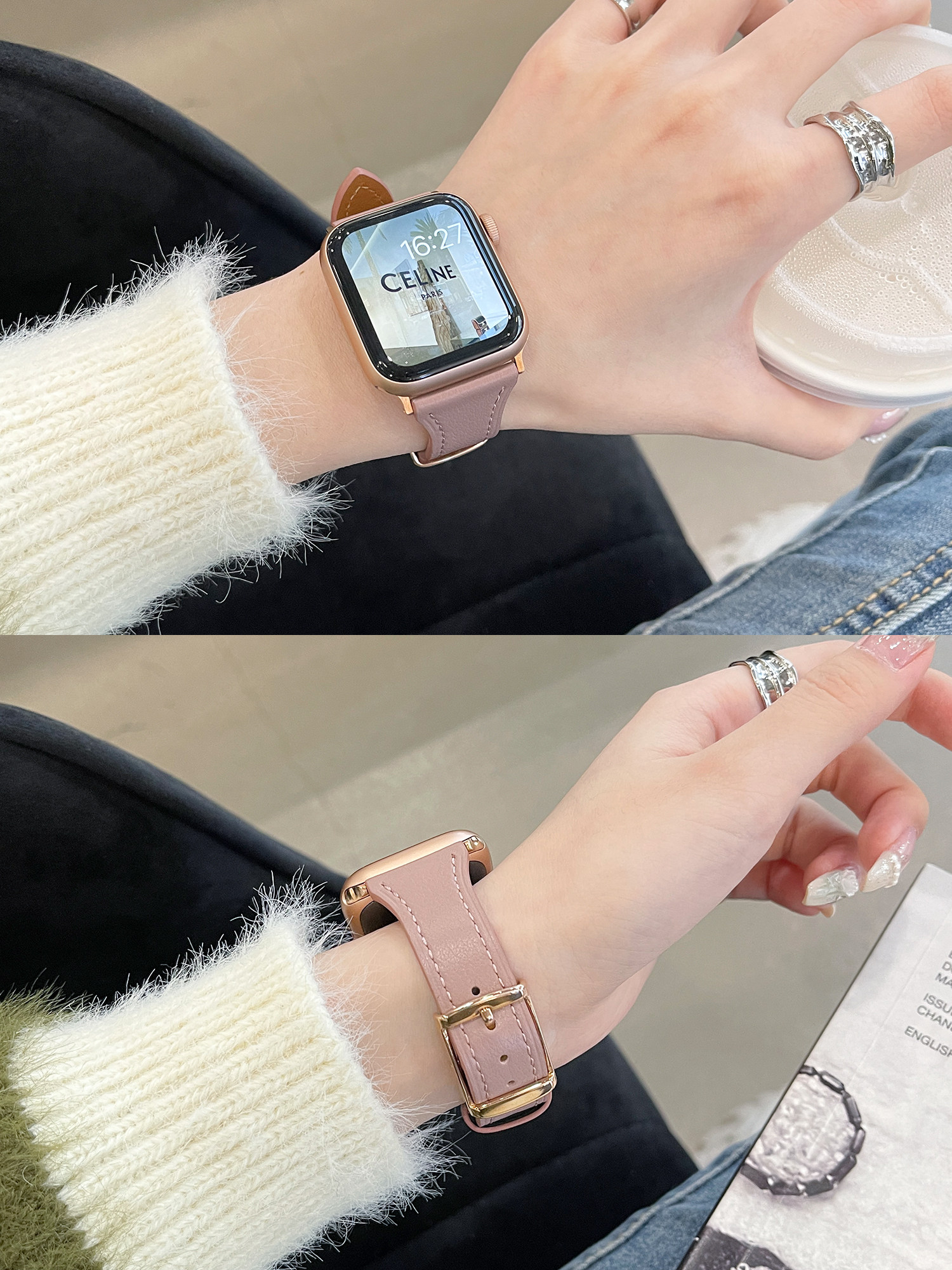 QALUO春夏新款小蛮腰方糖扣适用apple watchS8/S7代表带iwatch6/Ultra苹果手表se/543真皮表带41/45mm ...