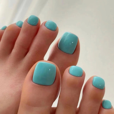 24Ps Glossy Lake Blue Press on Toe Nails Artificial Acrylic