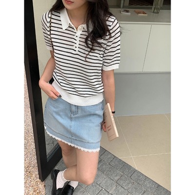 3th Morning 简约都市 曲珠冰丝条纹polo领短袖针织衫