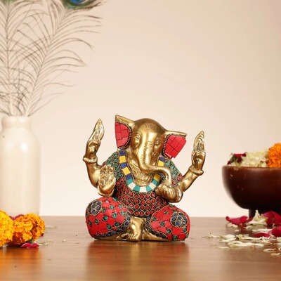 印度手工黄铜Ganesha象头神雕像带倾斜的头部7 英寸工艺摆件
