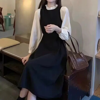 Retro knee length waist cinched dress 复古过膝收腰连衣裙女士