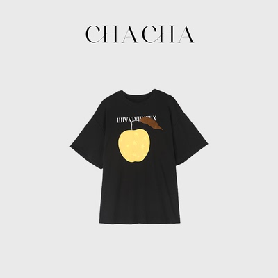 CHACHA【小苹果】休闲时尚百搭黄苹果黑T恤