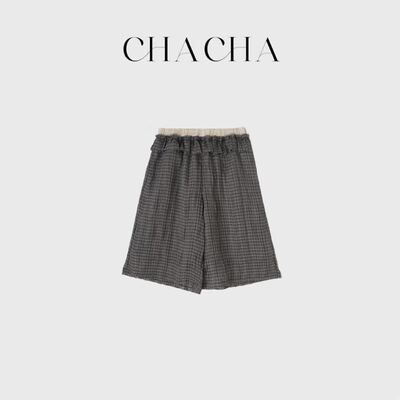 CHACHA【灰格毛序】休闲时尚百搭灰色网纱格子短裤